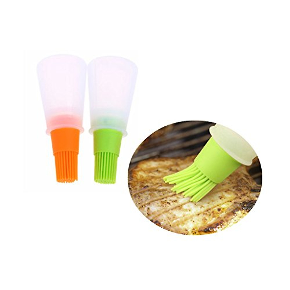 AKOAK BBQ/Pastry Basting Brushes,Silicone Cooking Grill Barbecue Baking Pastry Oil/Honey/Sauce Bottle Brush,Set of 2,Green and Orange