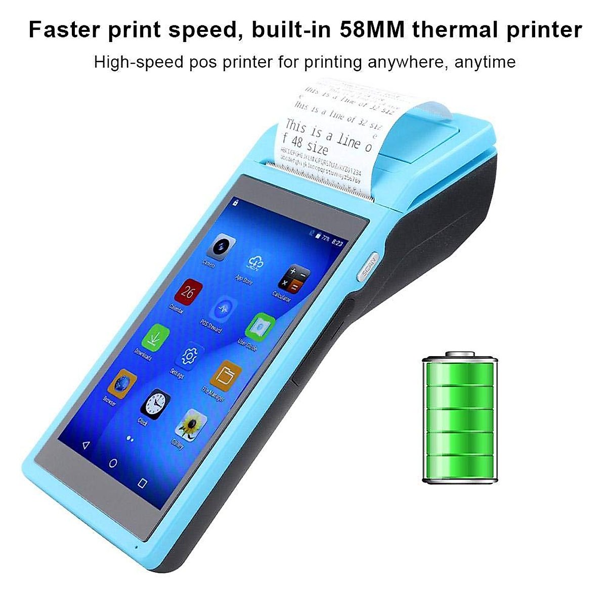 Android POS Terminal Receipt Printer,Handheld Receipt Printers with 5.5- inch Touch Screen support 3G, WIFI, BT3.0 / 4.0 for iBeacon,Quad Core CPU Portable Receipt Print Built-in All-in-One(blue)