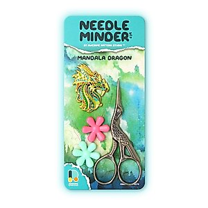 Awesome Pattern Studio Needle Minder Set - Mandala Dragon Magnetic Needle Minder + 2 Needle Threaders + Crane Scissors. Enamel Pin for Cross Stitch, Embroidery and Craft