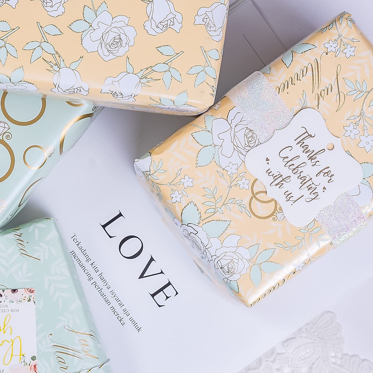 WRAPAHOLIC Wedding Theme Wrapping Paper Roll - Diamond Ring and Floral Design Printed on Pearlized Paper, Perfect for Celebration, Party Present Packing - 4 Rolls - 30 inch X 120 inch Per Roll