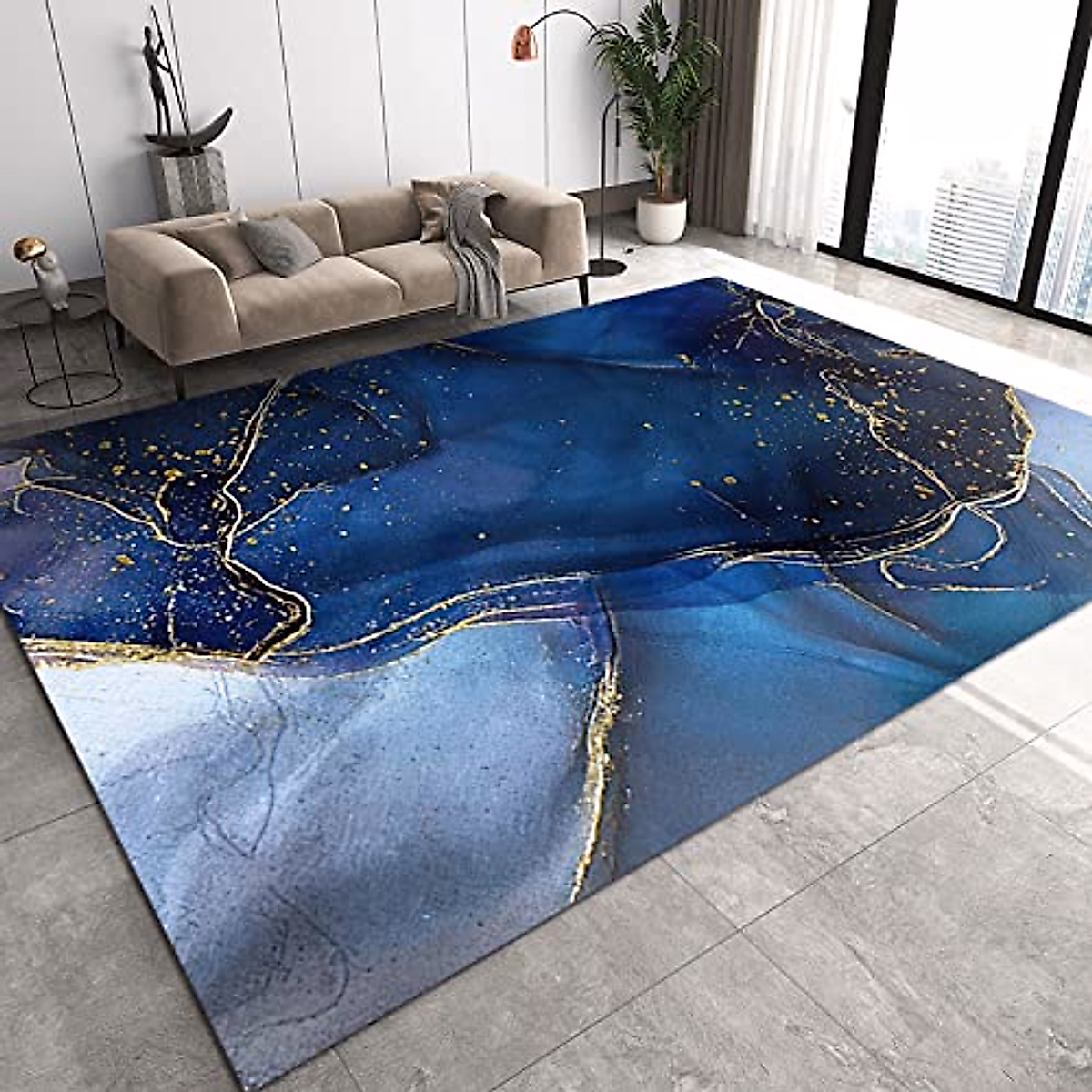 Luxury Geometric Blue Gold Water Ripple Area Rug, with Non-Slip Backing Easy Maintenance Bedroom Rug for Home Office Living Room Bedroom Kitchen Soft Area Rug-2x3ft
