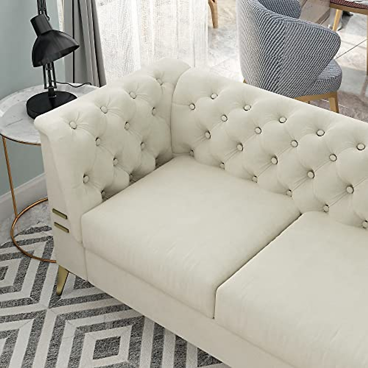 kevinplus Velvet Chesterfield Sofa Couch for Living Room, Modern Tufted 3-Seat Upholstered Sofa Couch for Apartment Bedroom Dorm Office Studio, Gold Metal Legs, Beige