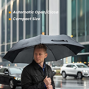 SIEPASA Windproof Travel Compact Umbrella, 8-Ribs Anti-UV Waterproof Folding Umbrella with Telfon Coating-One Button for Auto Open and Close. (Black)