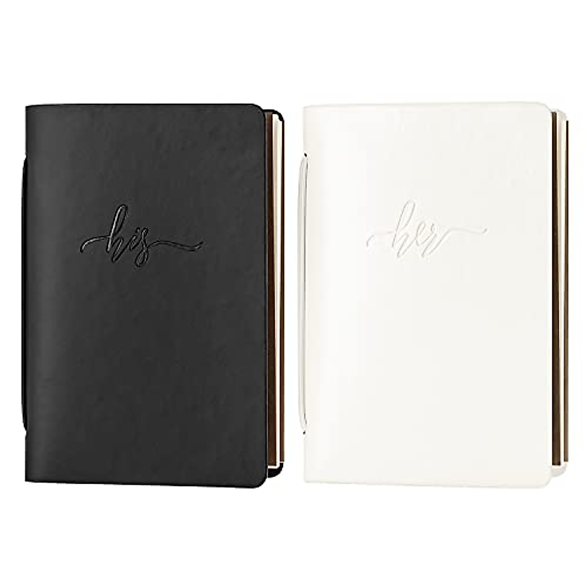 Calculs Handcrafted Wedding Vow Journals Set of 2 Black & White Authentic Cowhide Cover with His and Her Stamping