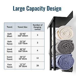Towel Rack Wall Mounted,Bathroom Rolled Towel Holder,Adhesive Metal Black Shelf Towel Hanger,Nails Free Bath Blanket Storage,Stainless Steel Shower Hooks Towel Organizer,Home Bathroom Accessories Set