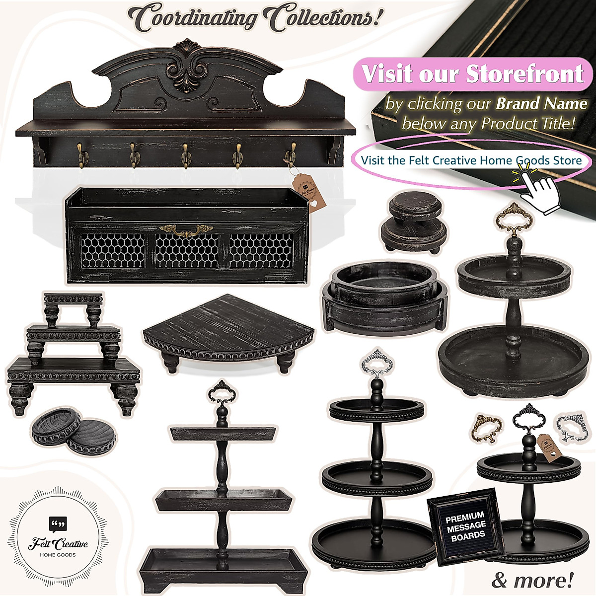 Large Rectangle Rustic Wood Three Tiered Tray, 3 Tier Serving for Coffee Bar, Kitchen Counter, Modern Farmhouse Table Decor, Cupcake Stand, Holiday - Felt Creative Home Goods (Black) with 3 Handles