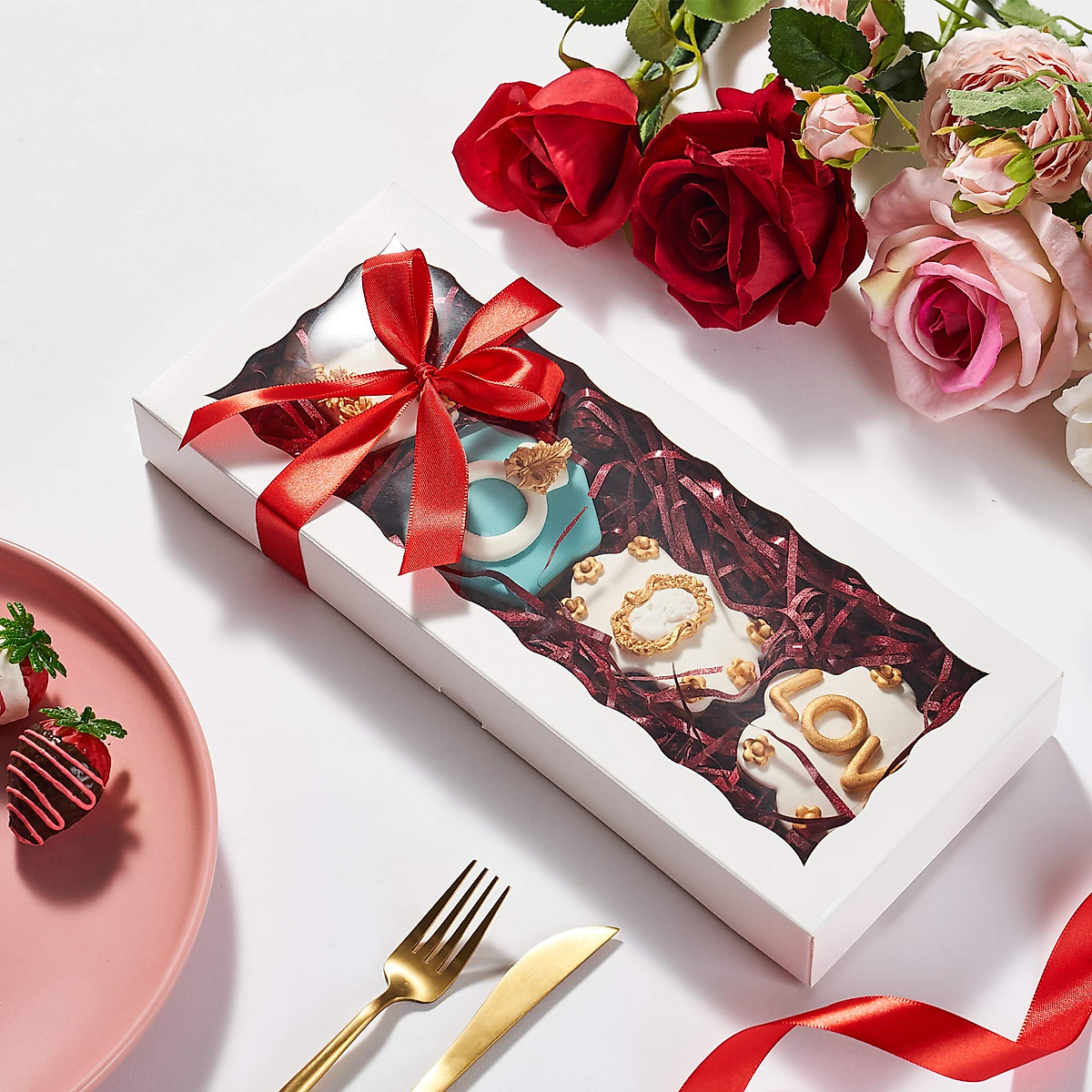 JCXPACK 24PCS 12 x 5 x 1.5 inches Auto-Popup One Piece Premium Macaron Boxes for 12, Cookie Boxes for Gift Giving, Bakery Box for Holiday Cookie Gift Sets