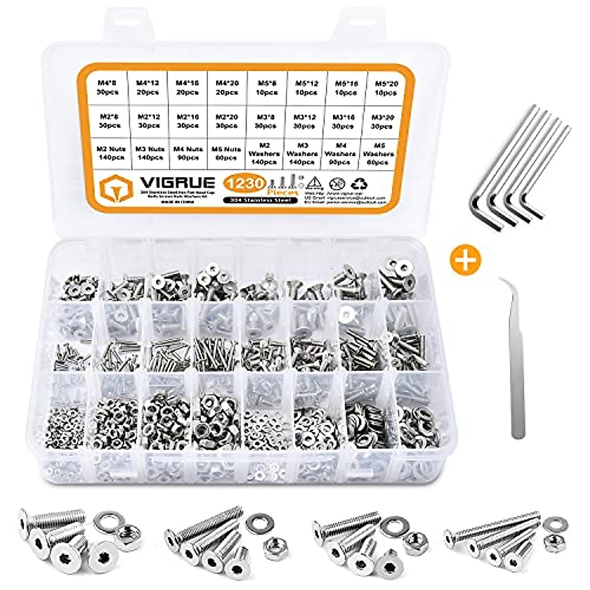 VIGRUE 1230 Pieces M2 M3 M4 M5 Flat Head Socket Cap Screws 304 Stainless Steel Cap Bolts Nuts Washers Assortment Kit with 4Pcs Hex Wrenches