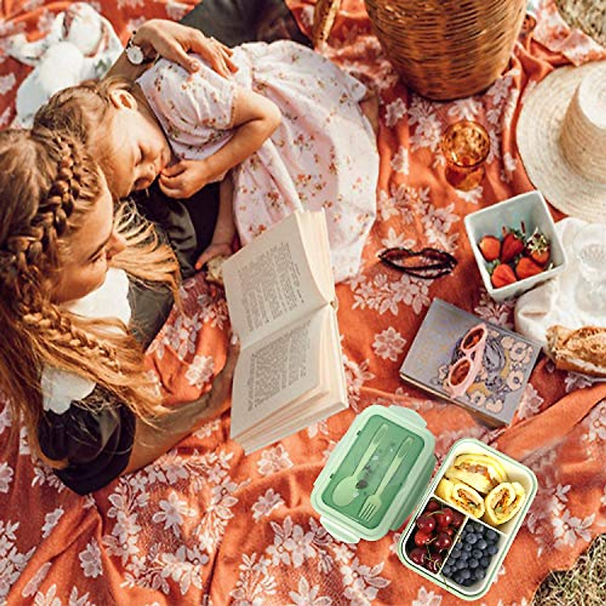 UPTRUST Bento Lunch container For Kids, Bento adult box With 3 Compartment. Leak-proof, Microwave safe, Dishwasher Safe, Freezer Safe,Meal Fruit Snack Packing Box(Spoon&Fork included) (Green)