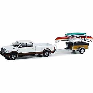 Greenlight 32260-D Hitch & Tow Series 26 - 2022 Ram 2500 Limited Longhorn Bright White & Walnut Brown with Canoe Trailer with Canoe Rack, Canoe and Kayak 1:64 Scale Diecast