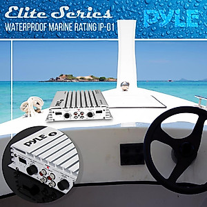Pyle Hydra Marine Amplifier - Upgraded Elite Series 400 Watt 4 Channel Audio Amplifier - Waterproof, 12 volt, Dual MOSFET Power Supply, GAIN Level Controls, RCA Stereo Input & LED Indicator (PLMRA400)