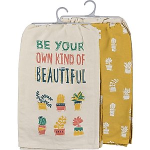 Primitives by Kathy Kitchen Dish Towel Set, Be Your Own Kind Of Beautiful, Cactus-Patterned Towels, 28" Square Dishtowels