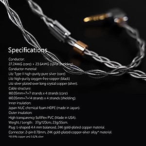 DD ddHiFi BC130A (Air Nyx) Silver Earphone Upgrade Cable with Shielding Layer, Available in 4.4mm L-Shape Plug and 2-Pin 0.78 Connector, Standard Length of 120cm