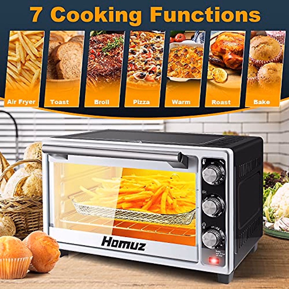 Air Fryer Oven, Homuz 7 In 1 Air Fryer Oilless Countertop Toaster Oven, 1500W 23QT Large Capacity Airfryer Toaster Oven with Timer and 4 Accessories, Fits for 9" Pizza, Stainless Steel, ETL Certified