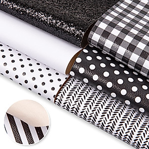 Whaline 10Pcs Faux Leather Sheet White & Black Synthetic Leather Fabric 8 x 12 Inch Pattern Stripe Plaid Glitter Faux Craft Leather for DIY Earring Hair Bow Making
