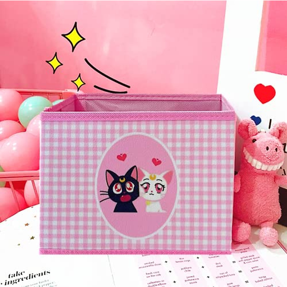 Kerr's Choice Collapsible Cube Storage Box Pink Desk Decorative Boxes Desk Baskets Animie Moon Makeup Holder Organizer with Badge Holder Keychain