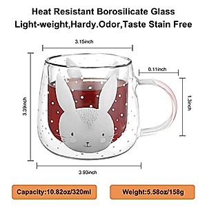 KASOGRY Coffee Cup Clear Coffee Mug, 11oz Double Wall Glass Tea Cup, Insulated Layer Borosilicate Glass Mugs, Handcrafted Funny Coffee Mugs for Women/Men Gift Hot Beverage-Bunny