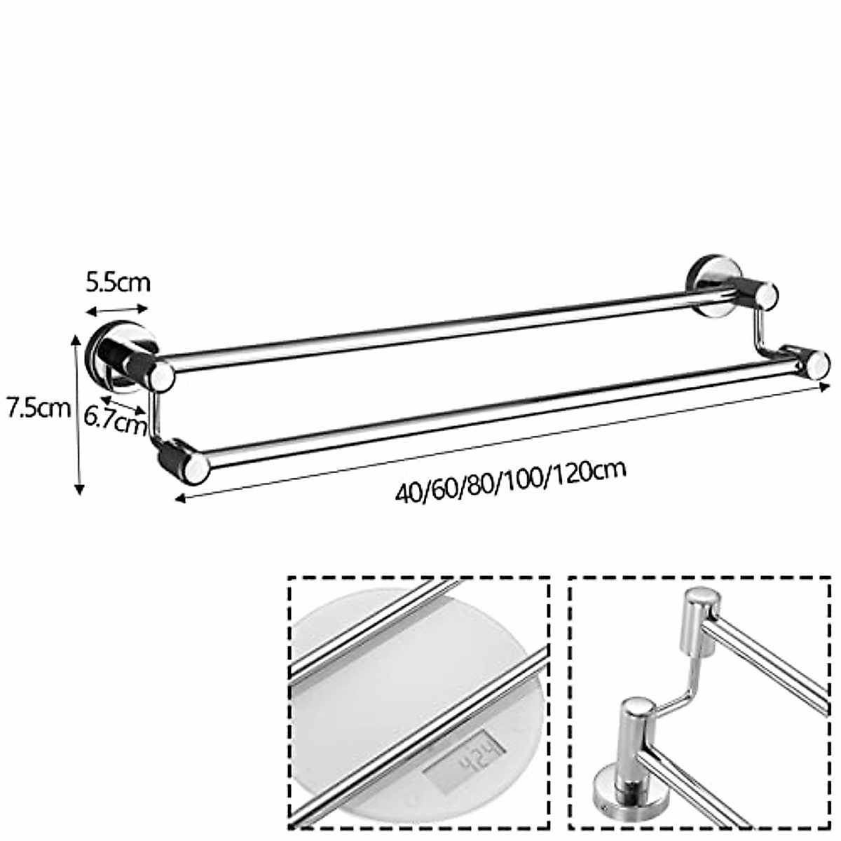 Double Bar Stainless Steel Towel Storage Holder Smooth Rounded Corner Wall Mounted Bath Towel Rail Bar for Bathroom Kitchen, Towel Shelf Towel Rack (Size : 80cm)