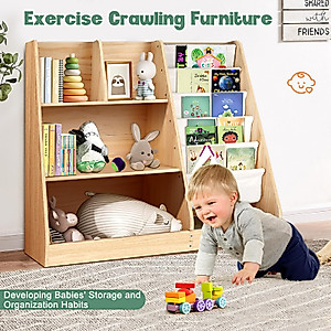 3 Tier Wooden Bookshelf for Kids: Five Layer Sling Children Bookcase - Toddler Book Toy Organizer Cabinet Chest for Playroom Nursery Classroom Library