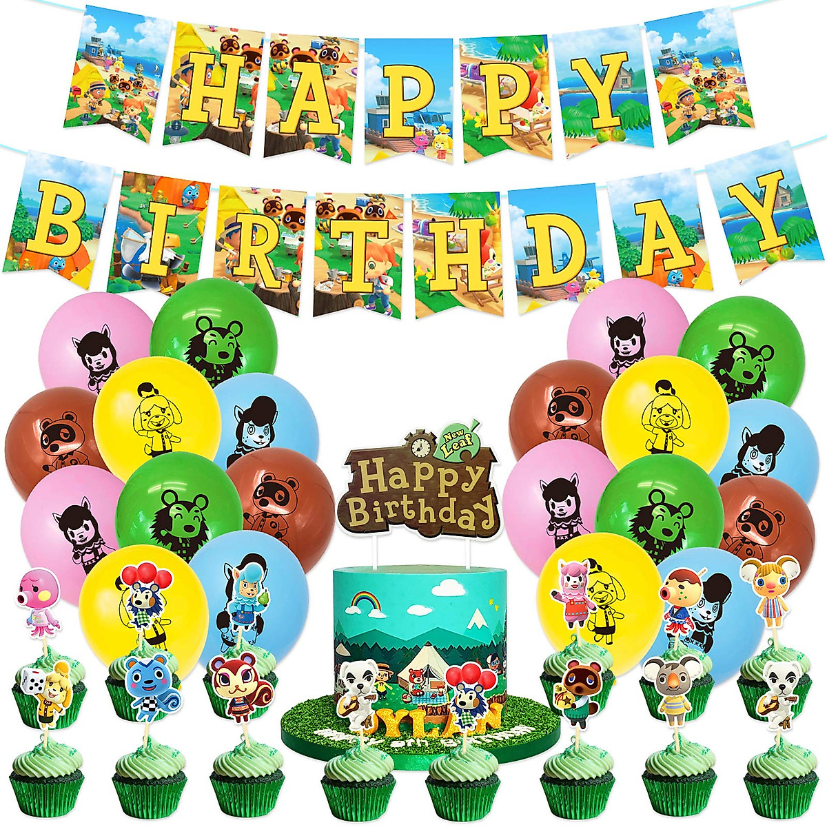 Birthday Party Supplies 46PCS Video Forest Game Theme Party Decorations Including 20PCS Latex Balloons, 1PC Happy Birthday Banner, 24PCS Cupcake Toppers for Children
