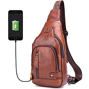 BULLCAPTAIN Men Crossbody Bag with USB Charging Port Genuine Leather Shoulder Sling Chest Bag Travel Hiking Backpack (Brown)