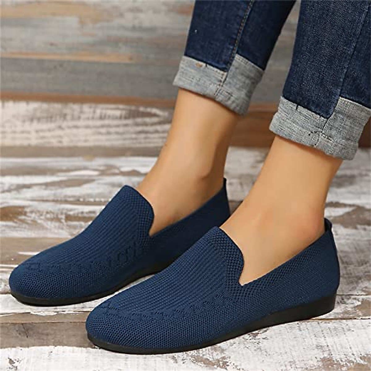 Ladies Fashion Solid Color Breathable Knitting Comfortable Flat Casual Shoes Womens Slip on Walking Shoes Lightweight Casual Blue