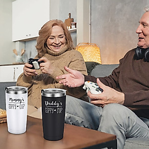 Daddy’s and Mommy’s Sippy Cup Travel Tumbler Set, Father’s Day Christmas Gifts for New Parents Dad Mom Papa Mama Anniversary, Insulated Stainless Steel Travel Tumbler with Straw(20oz, Black and White)