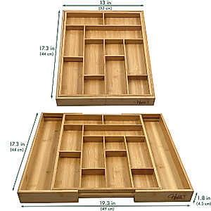 HELIA Bamboo Expandable Drawer Organizer with Movable Dividers | Solid Bamboo Drawer Organizer and Kitchen Utensil Holder for Flatware and Cutlery | Bamboo Utensil Organizer for Kitchen Drawers