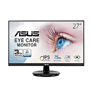 ASUS 27” 1080P Monitor (VA27DCP) - Full HD, IPS, 75Hz, USB-C 65W Power Delivery, Speakers, Adaptive-Sync/FreeSync, Eye Care, Low Blue Light, Flicker Free, VESA Mountable, Frameless, HDMI,Black