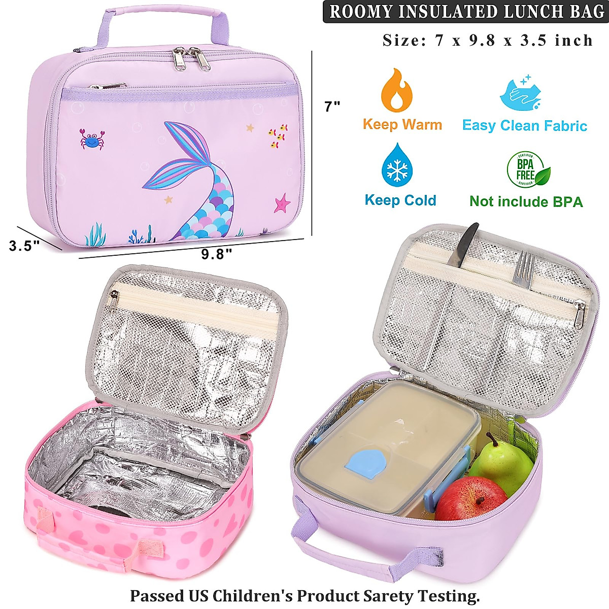Backpack for Girls Kids Backpack with Lunch Box Mermaid Preschool Kindergarten Back Pack Bookbags with Chest Strap