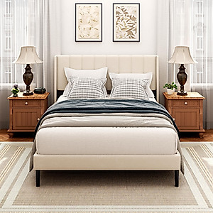 Sismplly Queen Bed Frame with Headboard,Bed Frame Queen Size Vertical Channel Tufted Wingback No Box Spring Needed, Mattress Foundation, Easy Assembly, Beige