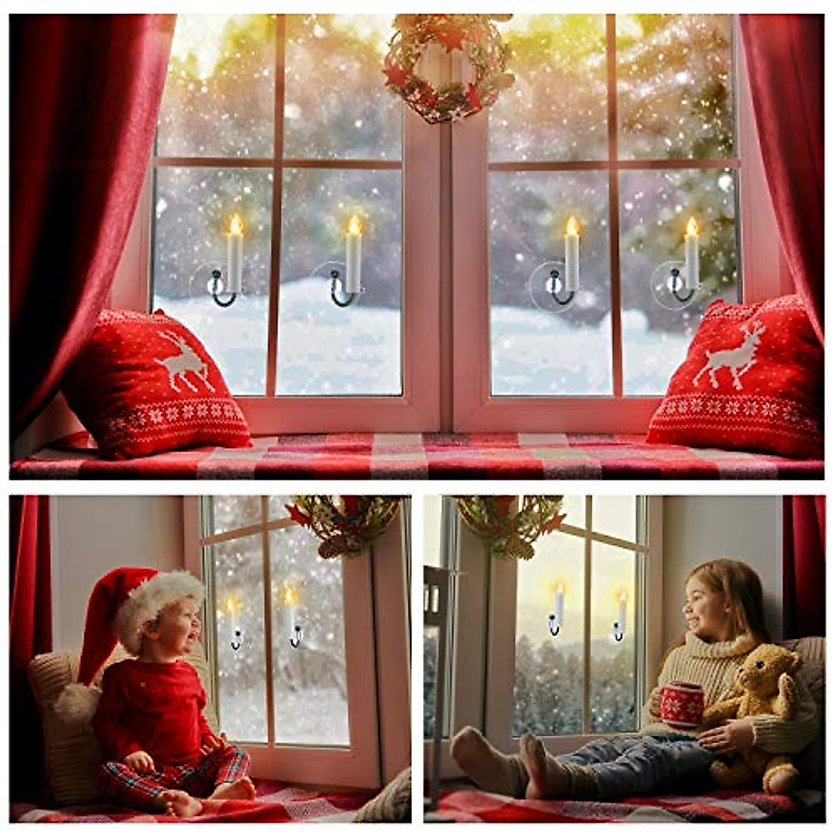 FREEPOWER 10PCS Christmas LED Taper Flameless Candle with Remote Timer,Battery Operated Window Candle Lights with Clips/Suction Cups for Christmas Tree Garden Party Decor…