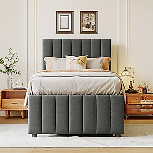 Bellemave Twin Size Upholstered Captain Bed with Trundle and Storage Drawers, Linen Fabric Platform Bed with Channel Tufted Headboard, Modern Twin Bed for Kids Boys Girls Teens, Gray