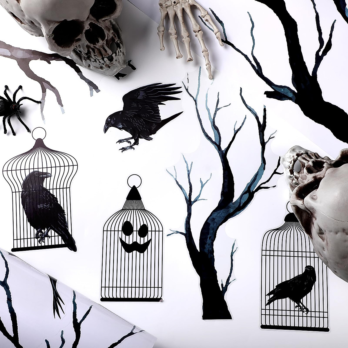 Seajan 4 Sheets Halloween Wall Decals Halloween Black Wall Stickers Black Tree Crow Cage Wall Decals Large Halloween Wall Decals Halloween Home Decor DIY Art for Wall Window Door (Birdcage, Crow)