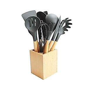 LMMDP Beech Silicone Kitchen Tools Set Cooking Tools Utensils Set Spatula Shovel Soup Spoon with Wooden Handle Special Heat-resistant Design