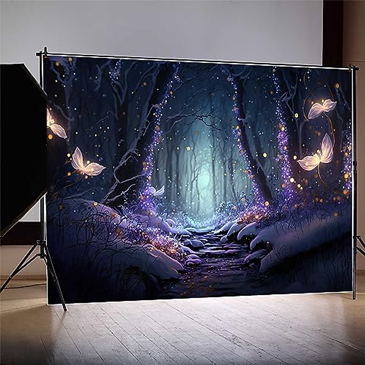 MOONDECO Photography Backdrop 7x5ft Butterfly Wonderland Forest Road Birthday Background Children Bluey Party Photo Booth Props Fire Fly Lamp Light Decorations