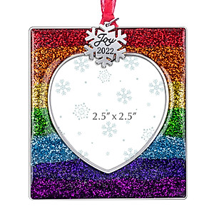 2022 Christmas Tree Ornaments - Made of Zinc Alloy Glitter Powder Pendant 2.5x2.5 Inch Picture Frame for Pet and Baby Holiday Keepsake Gift (Rainbow)