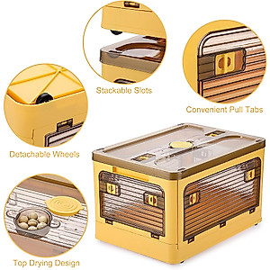 Aimisin Folding Storage Bins, 28 Liters, 2 Pcs Green Plastic Storage Containers with Wheels, Four Doors, Foldable, Stackable, Plastic Box with Lids for Organization, Storage Cart