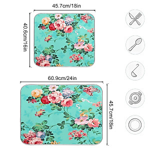 Absorbent Dish Drying Mat Microfiber - Teal Roses Flower Drying Pad for Kitchen Counter 18 x 24 Inch