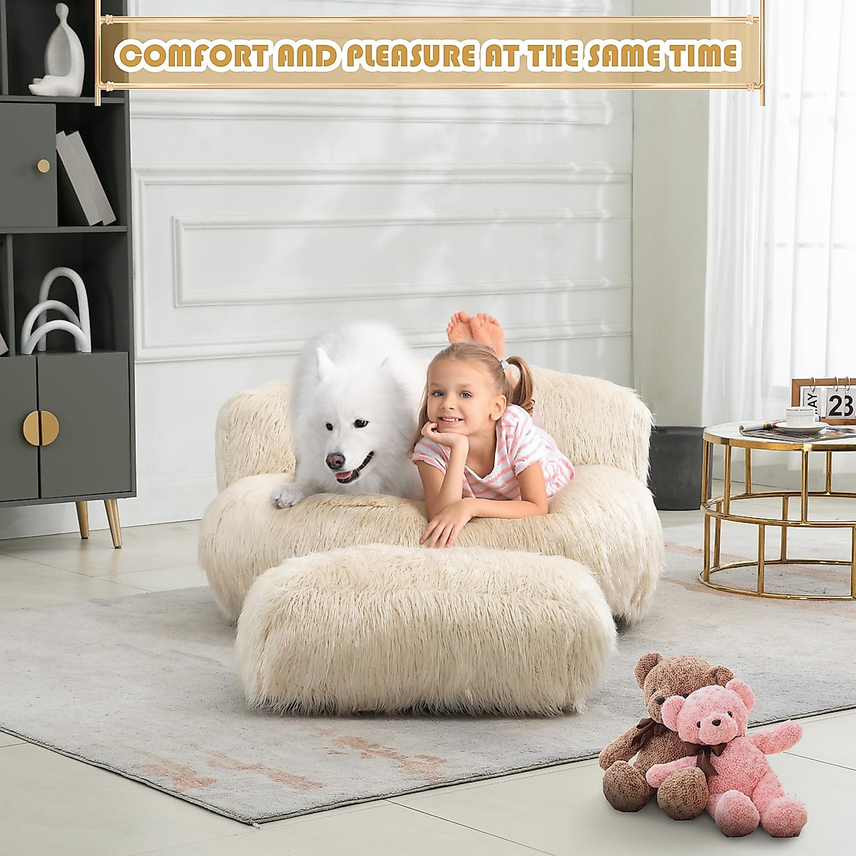 Fluffy Bean Bag Chair with Ottoman, Comfy Bean Bag for Adults and Kids, Ultra Soft Lazy Sofa Chair with Memory Sponge, Indoor Modern Accent Beanbag Chairs for Living Room, Bedroom, Apartment, Beige