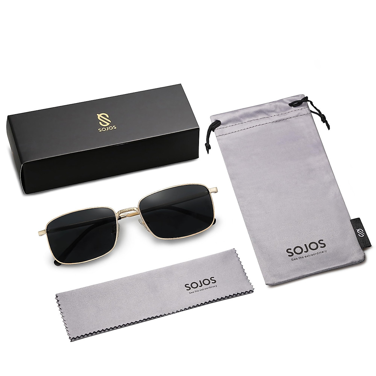 SOJOS Retro Vintage Rectangle Polarized Sunglasses Mens Womens Classic UV400 Metal Sunnies SJ1215, Gold/Black