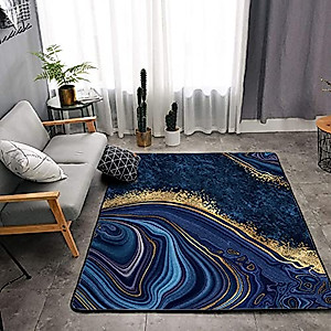 Washable Area Sponge Rug Pad for Kids Girls Bedroom Living Room Dark Blue Marble, Gold Natural Luxury Abstract Art Non-Slip Carpet Super Soft Extra Thick Bathroom Dorm Home Indoor Small Floor Rugs