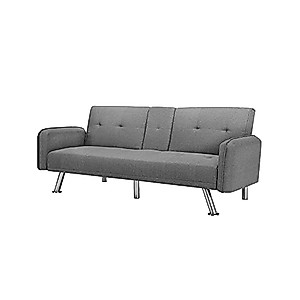 FULife Futon Sofa Convertible Sleeper Couch Bed Daybed Loveseat, Folding Recliner with 2 Cup Holders, Metal Legs, Removable Soft Pillow-Top Armrest for Living Room Small Place, Light Gray 66.1