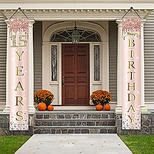 15th Birthday Door Banner Decorations for Girls, Pink Rose Gold Happy 15 Birthday Door Porch Backdrop Party Supplies, Fifteen Year Old Birthday Sign Decor