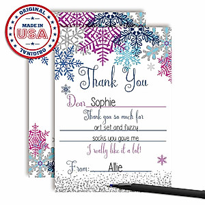 Winter Snowflake Birthday Thank You Notes, Ten 4" x 5.5" Fill In The Blank Cards with 10 White Envelopes by AmandaCreation