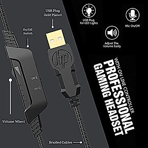 HP USB Gaming Headset PC Over Ear Headphones 7.1 Surround Sound with Mic for PC/Mac/Laptop Gamer Headset with Noise Cancelling Mic Comfortable Design and LED Lights