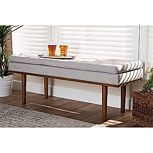 Baxton Studio Rika Mid-Century Modern Greyish Beige Fabric Upholstered Walnut Brown Finished Boomerang Bench