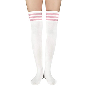 Century Star Women's Casual Athlete Striped Over Knee Thin Thigh High Tights Long Stocking Socks B 1 Pair White Pink One Size