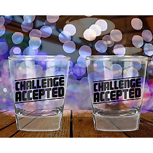 AW Fashions Challenge Accepted Shot Glass- Funny Birthday Gift - 2 Pack Round Set of Shot Glass