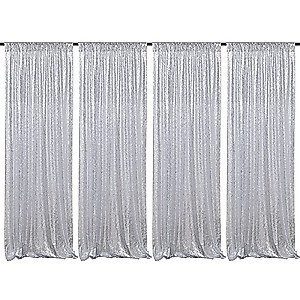 Silver Sequin Backdrop Curtain 4 Pieces 2ftx8ft Sparkly Stage Backdrop Drapes for Birthday Party Cake Table Background Decoration